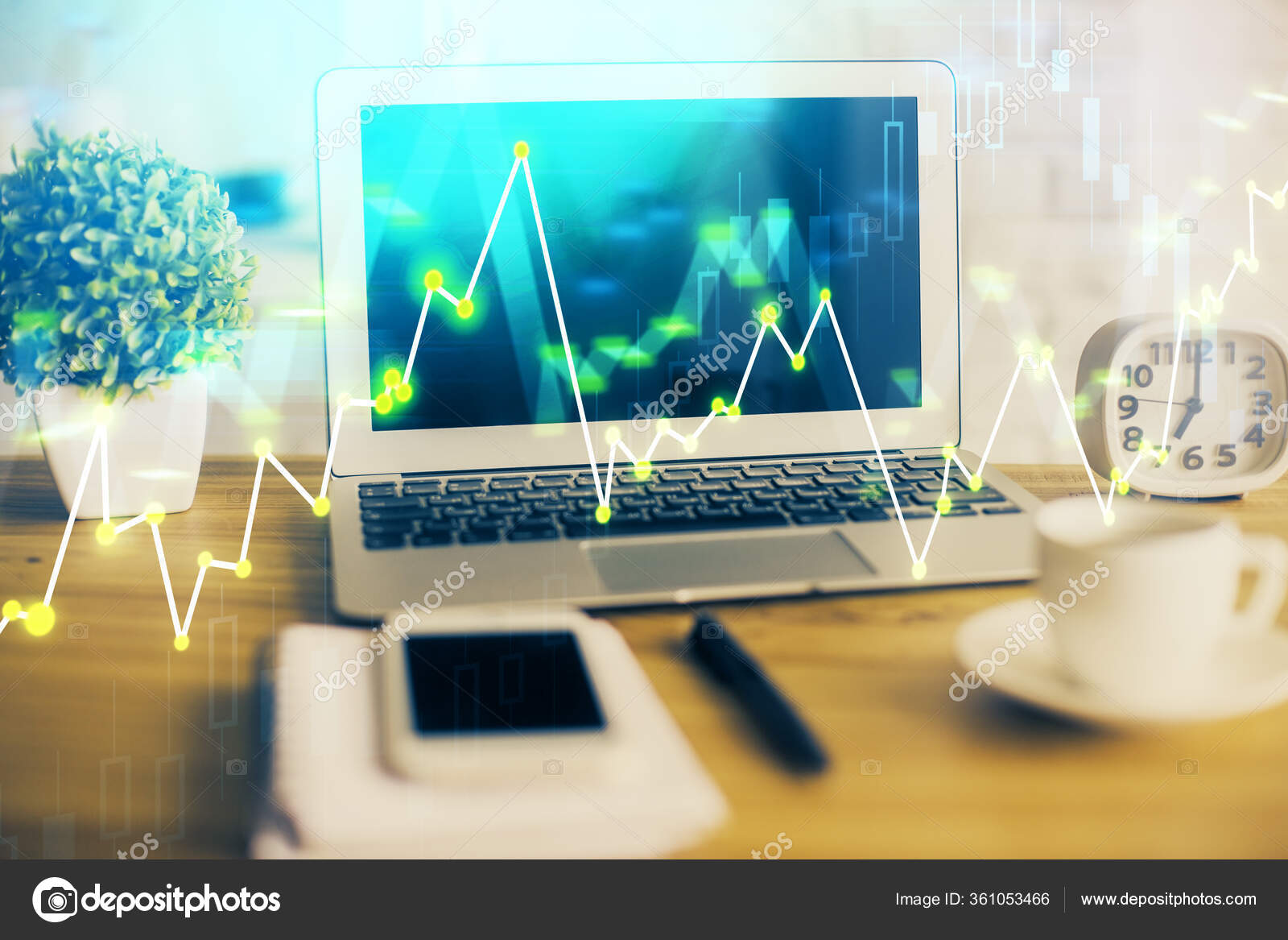 Forex market chart hologram and personal computer background. Multi ...