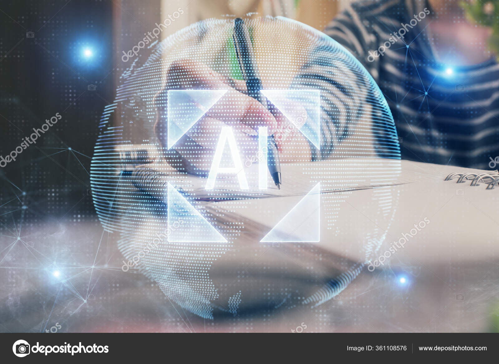 Double exposure of hands making notes with digital coding icons ...