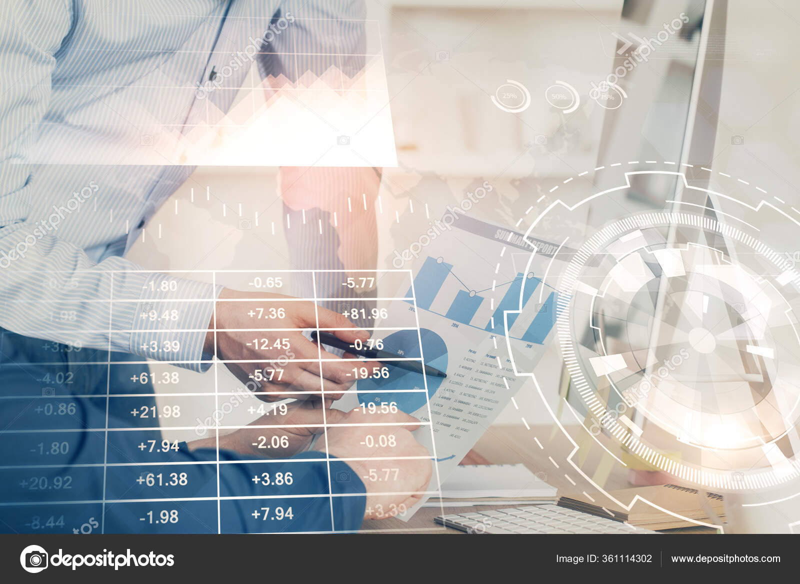 Double exposure of chart with businessman typing on computer in office ...