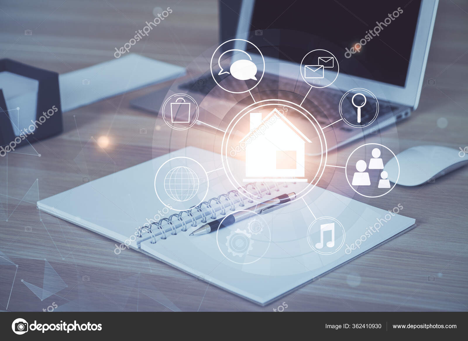 Desktop computer background in office and big town buildings hologram ...