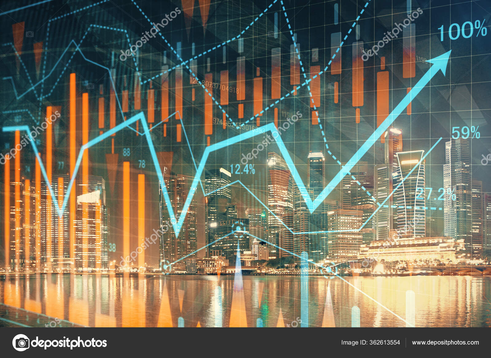 Financial chart on city scape with tall buildings background multi ...