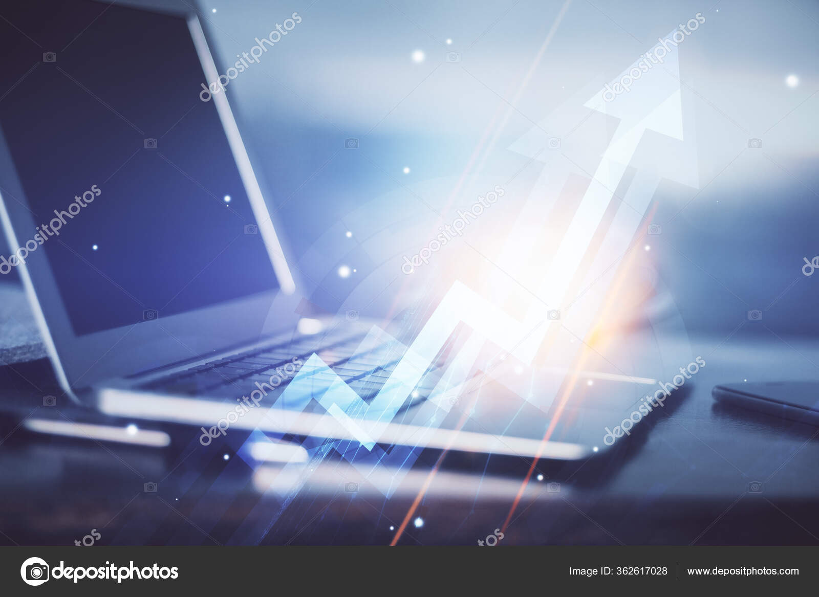 Computer on desktop with point up arrows hologram. Double exposure ...