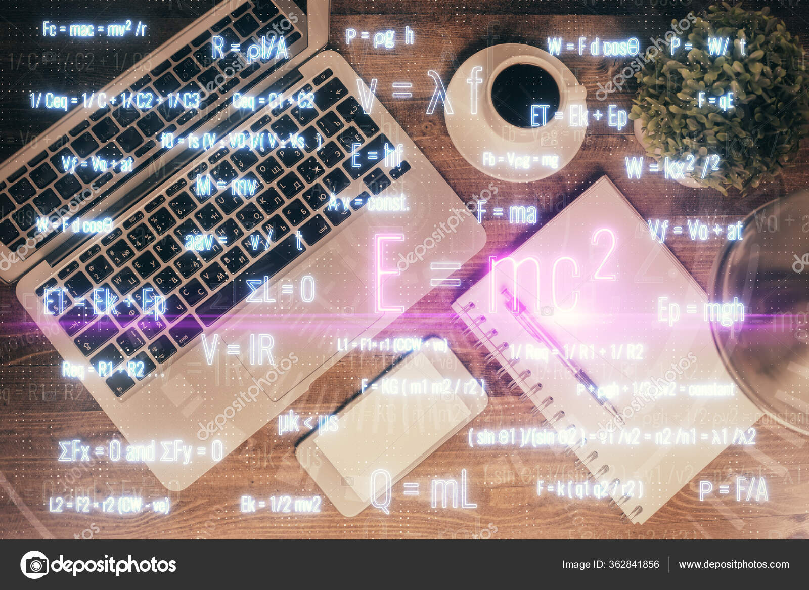 Physics and math theme hologram with formula drawings over computer on ...