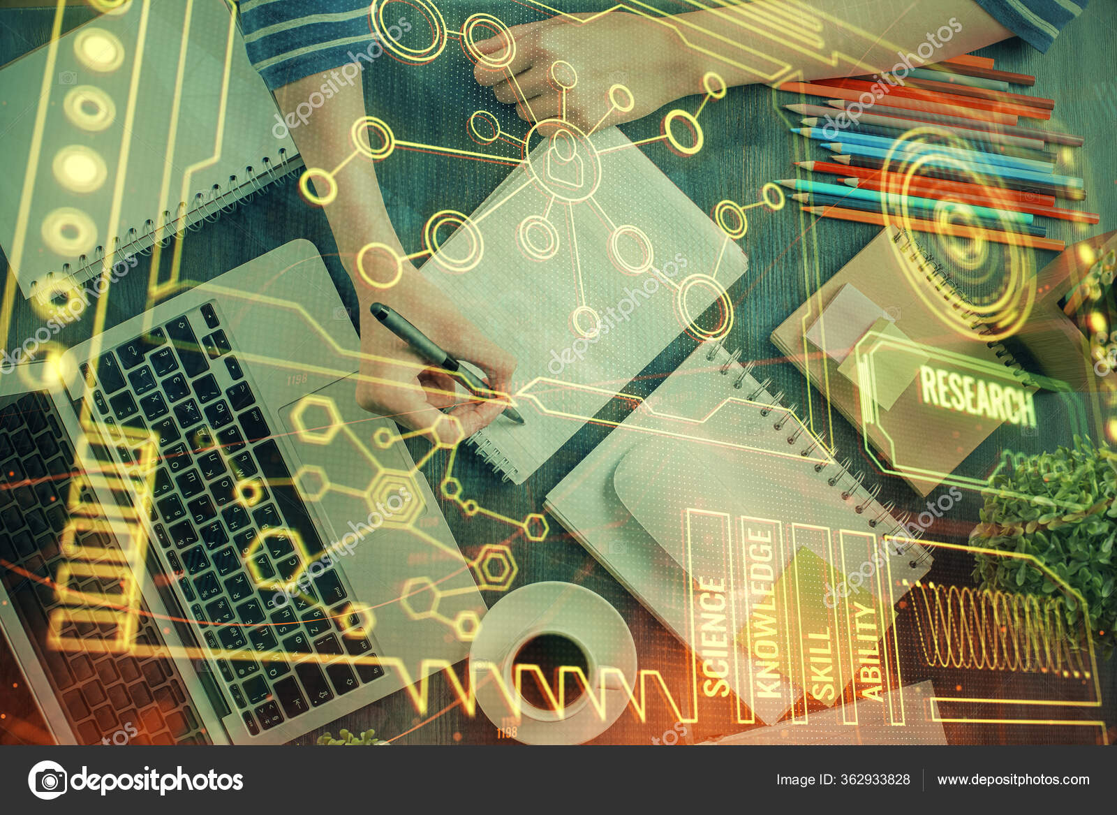 Double exposure of hands making notes with digital coding icons ...