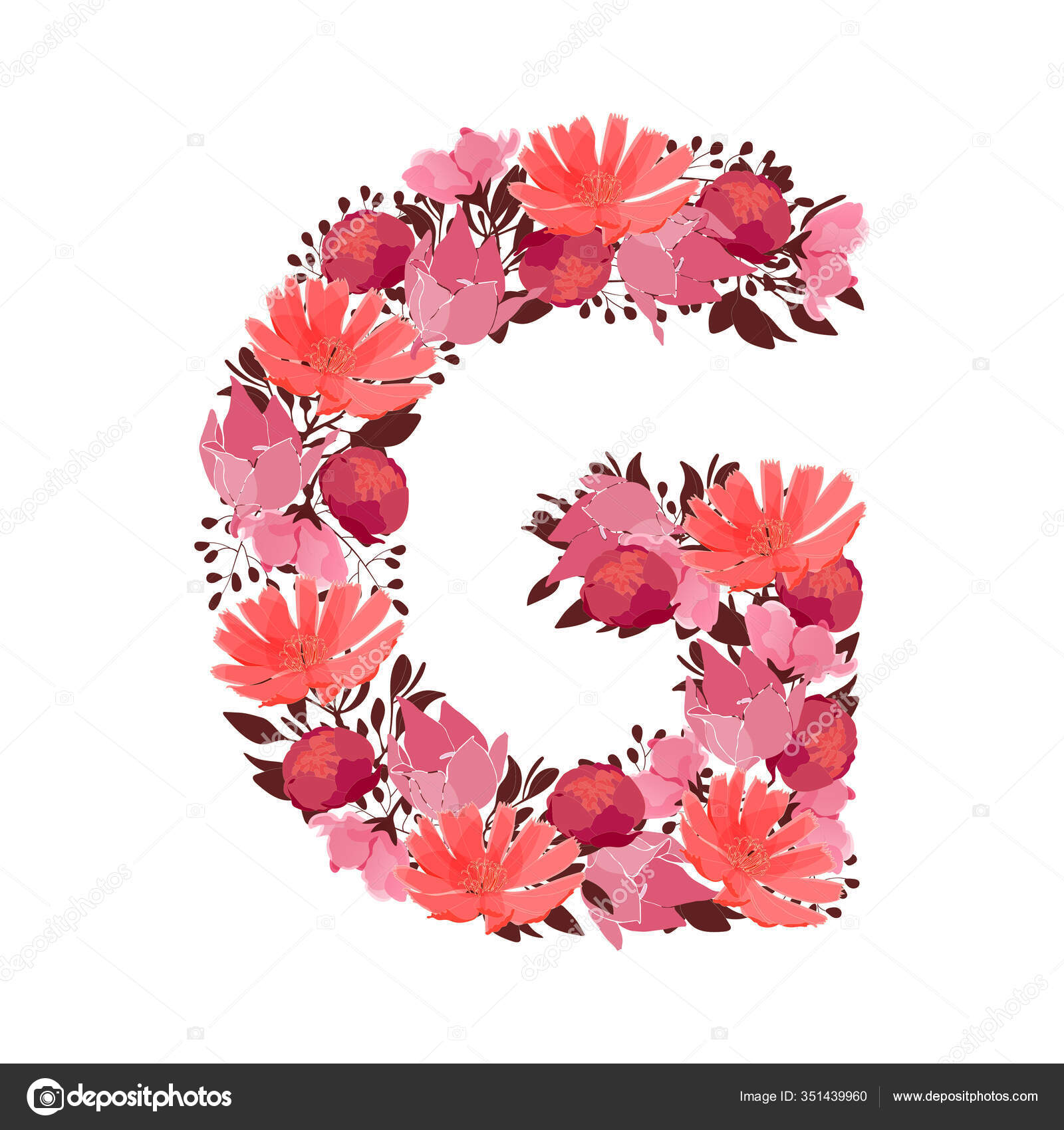 Vector Floral Lettering Character Botanical Monogram Pink Maroon Coral ...