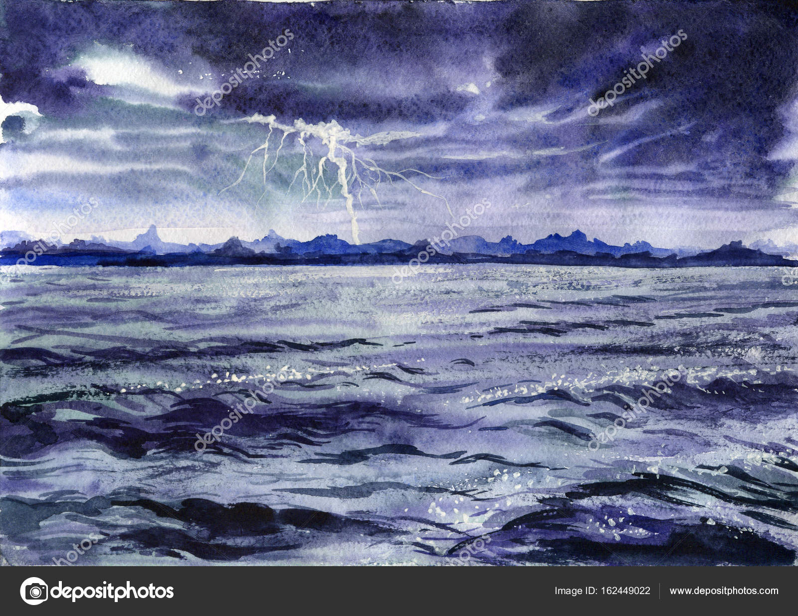 aquarel schilderij landschap van de storm op zee — Stockfoto ...