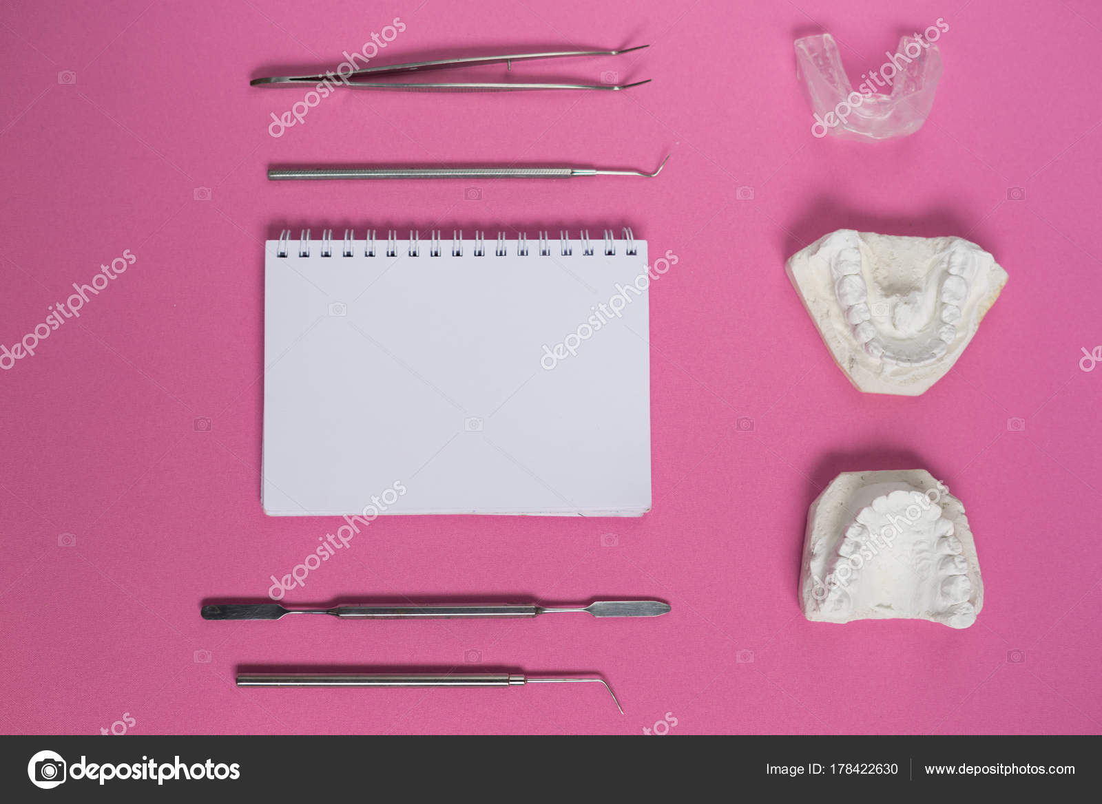 Dental instruments on the pink surface, white plaster cast of teeth ...