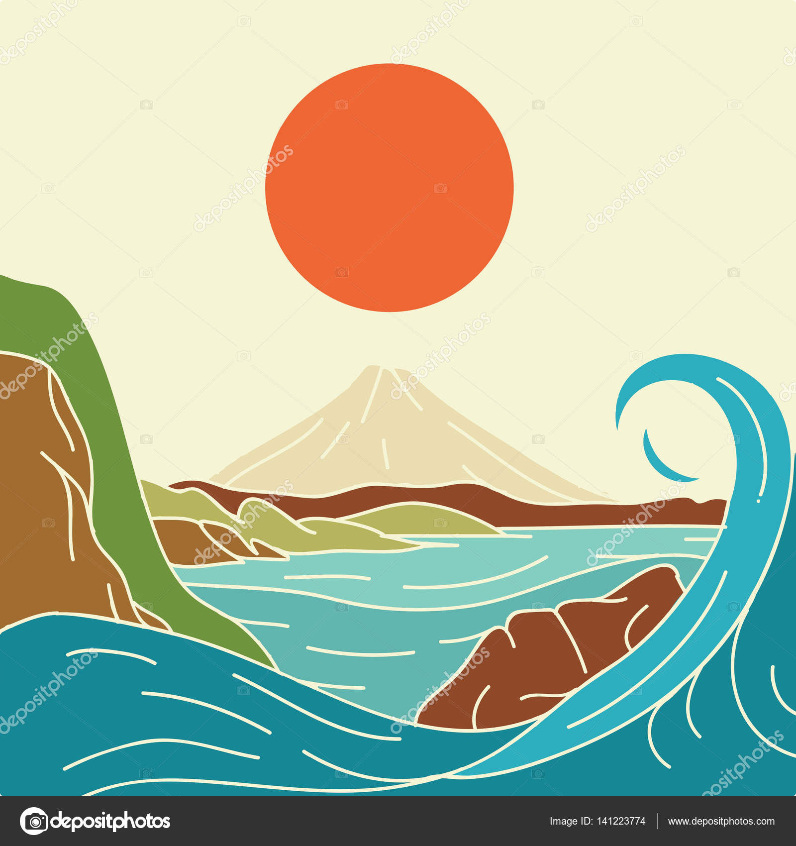 Landscape with sun and volcano Stock Vector by ©smolyakov 141223774