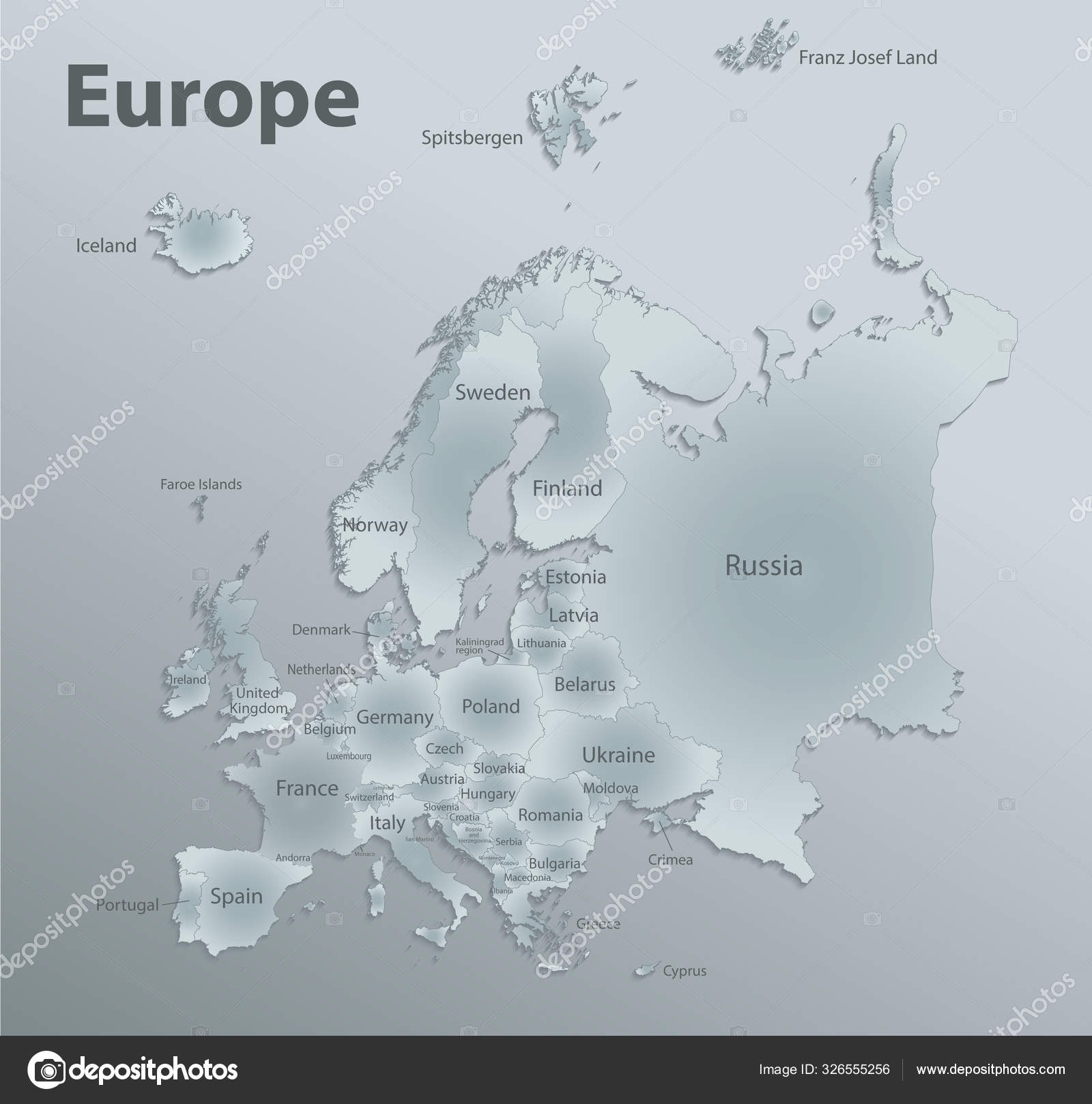 欧洲地图 新的政治详细地图 独立的各州 附有州名 玻璃卡纸3D图库矢量图作者：© Mondi.h 326555256