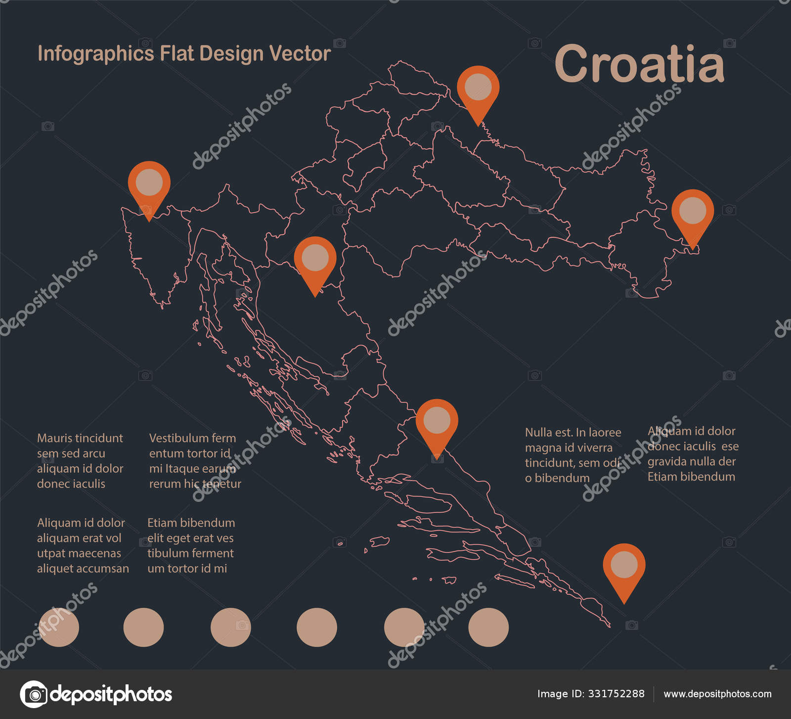Infographics Croatia Map Outline Flat Design Color Blue Orange Vector ...