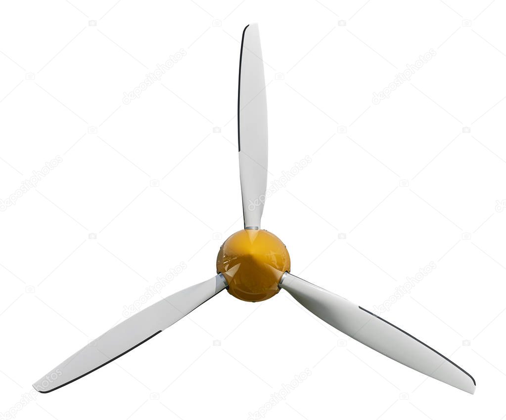 Sport plane white propeller screw with yellow cover cap. Airplane air ...