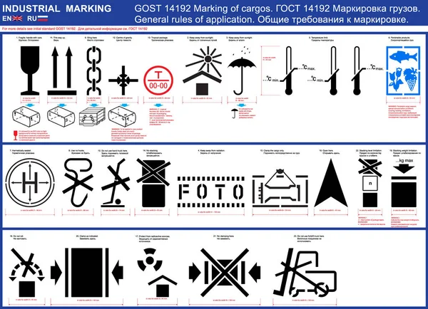 Vector set of cargo package marking symbols. Package cargo labeling rules in English and Russian ...