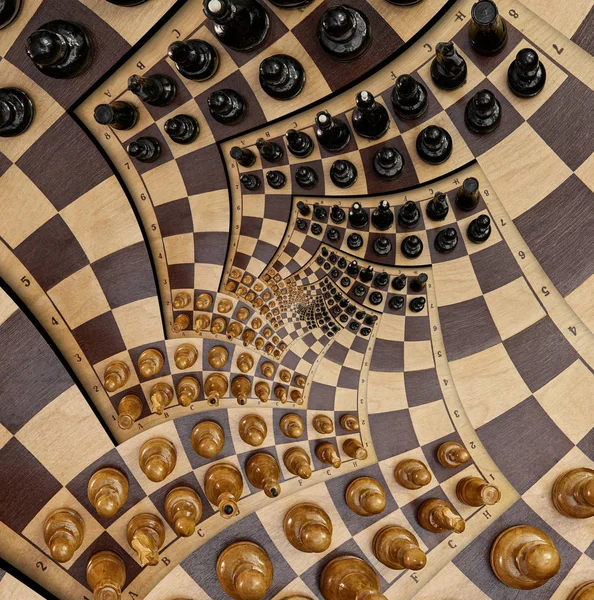 Abstract wooden chess board desk white black figures square spiral ...