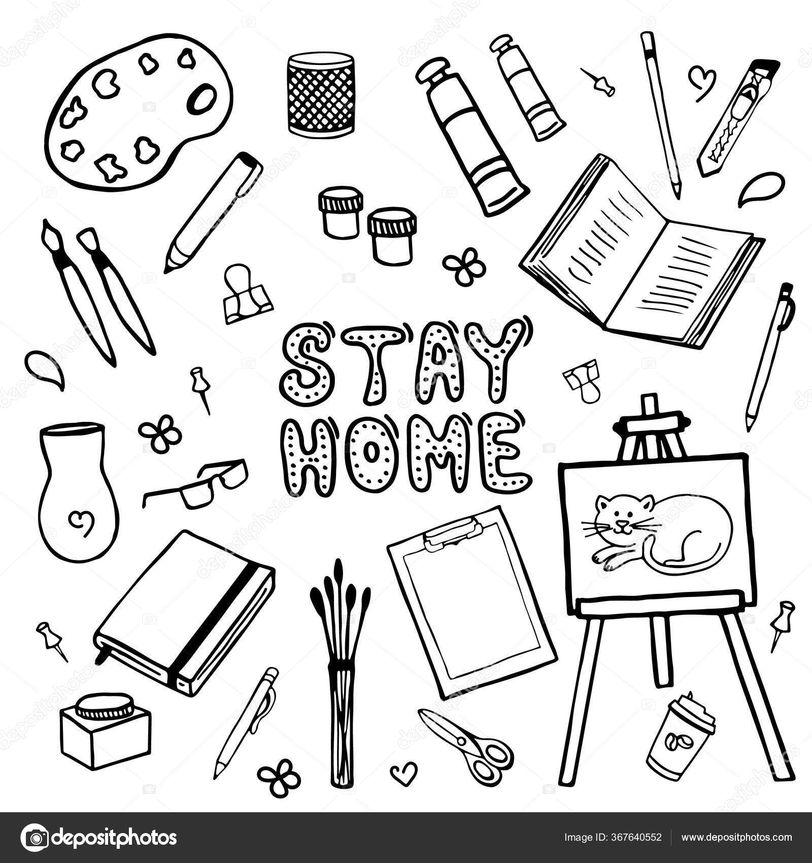 Stay Home Doodle Set Items Creativity Drawing Painting Vector Images ...