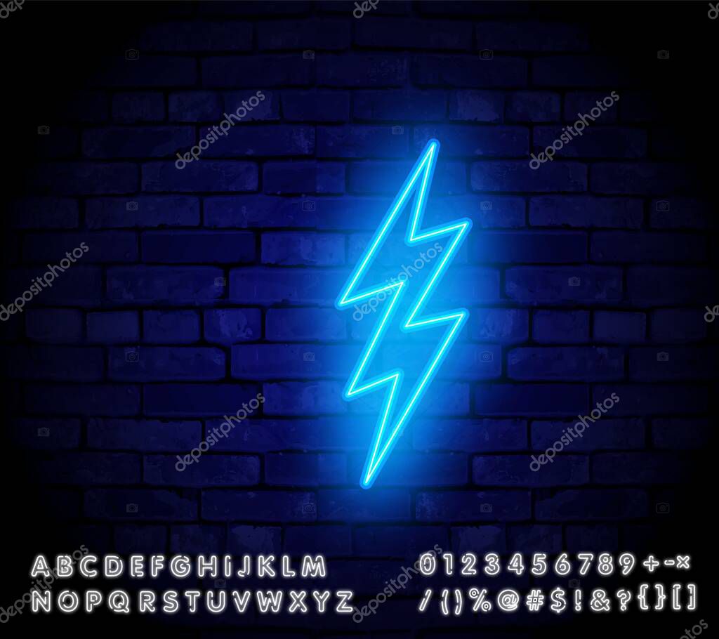 Signo de neón del letrero del rayo en el fondo azul. Ilustración ...