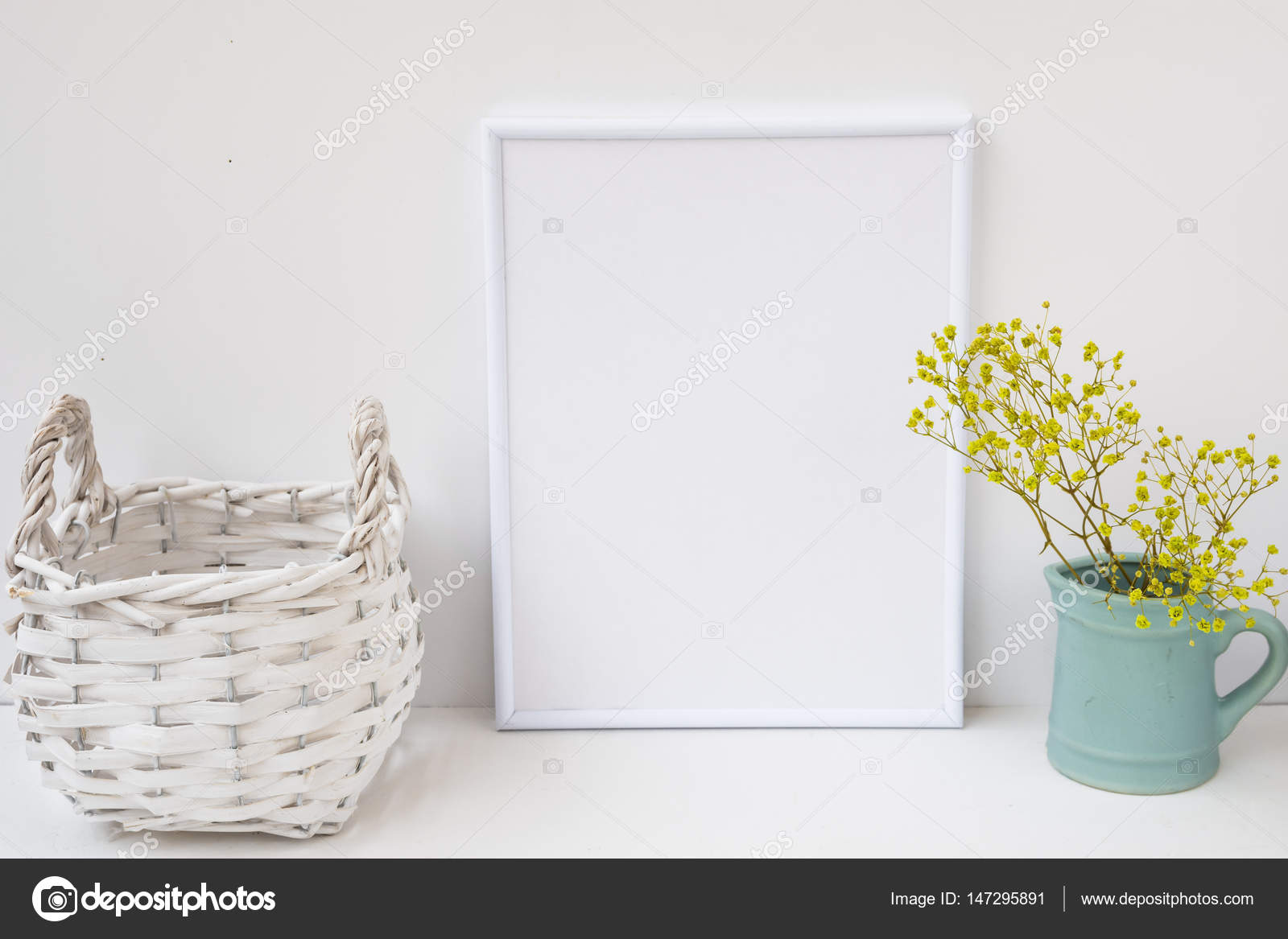 Frame mockup, wicker basket, pitcher with flowers on white background ...