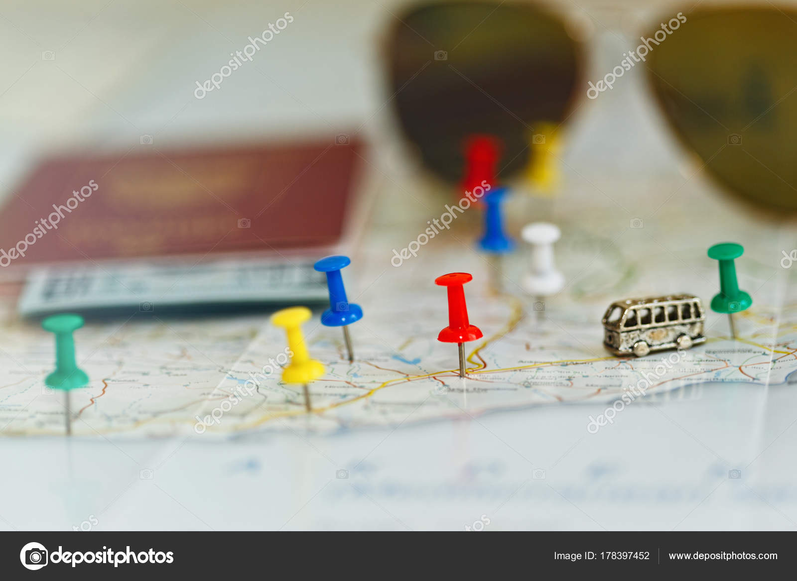 Bus trip concept - map with pins and accessory Stock Photo by ...