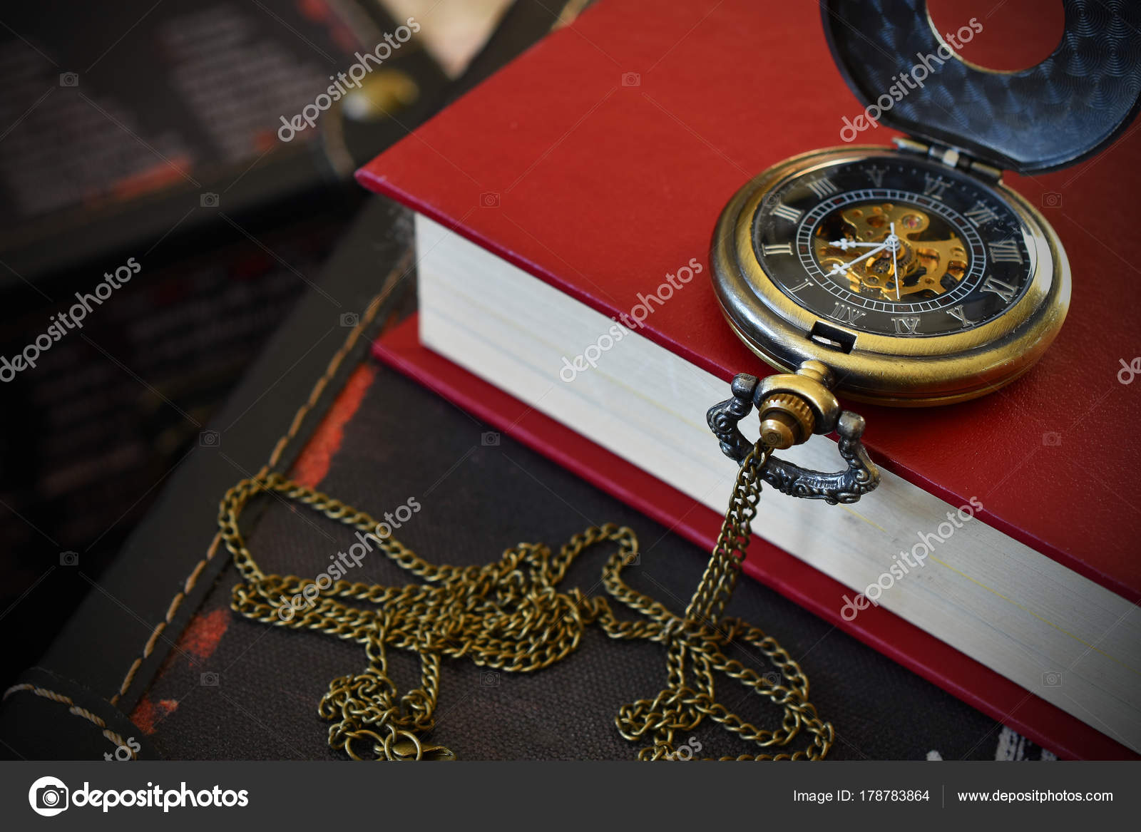 Close Image Old Gold Pocket Watch Bright Red Book — Stock Photo ...