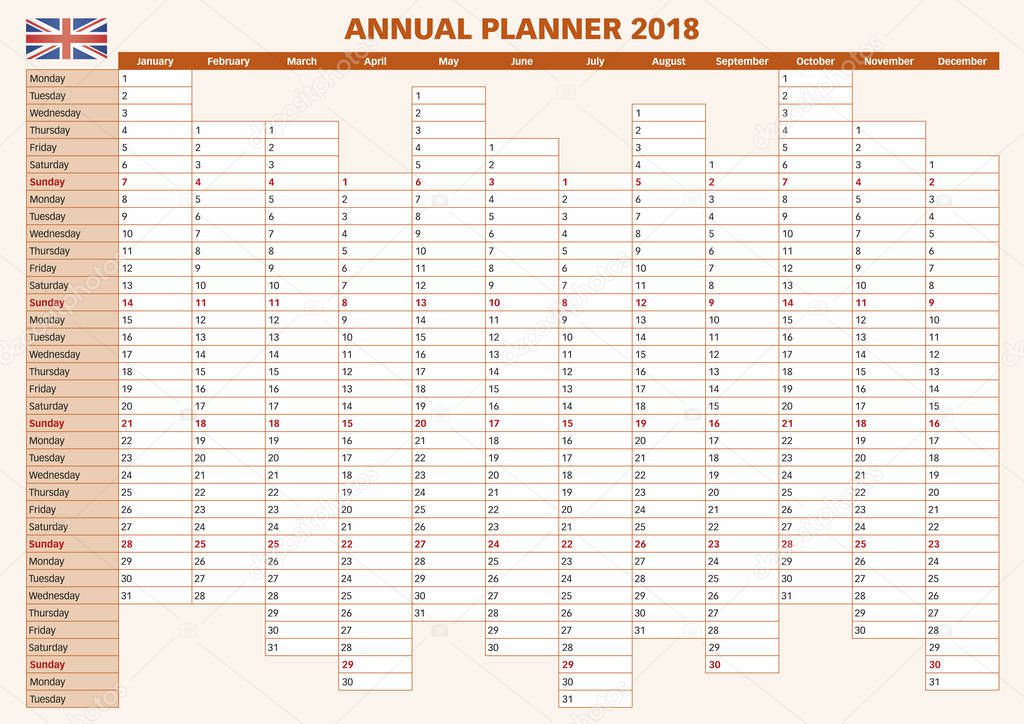 Annual planner english UK 2018 year planner — Stock Vector ...