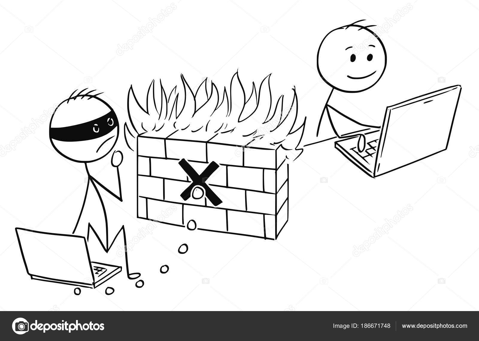 Cartoon of Man or Businessman Working on Computer While Hacker Cannot ...