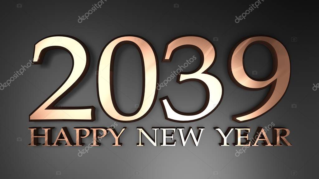 La escritura 2039 Feliz Año Nuevo en brillantes dígitos metálicos de ...