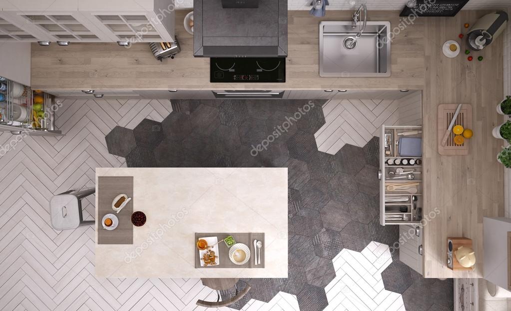Scandinavian kitchen, top view Stock Photo by ©ArchiVIz 125896858