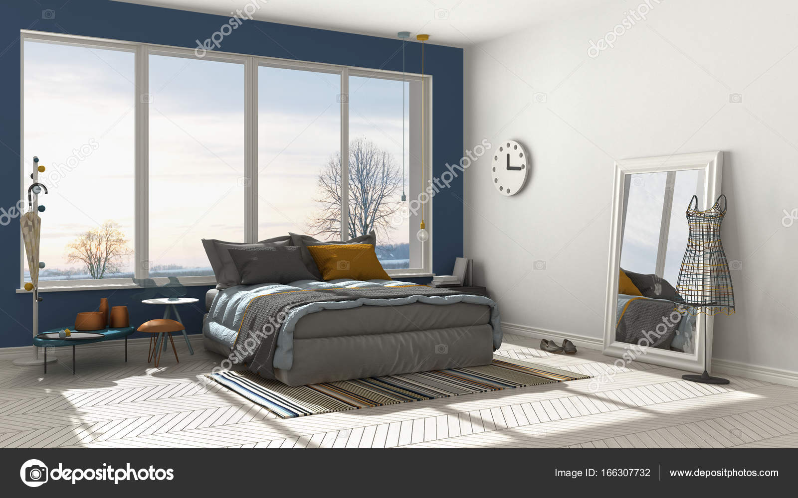 Colored modern white and blue bedroom with big panoramic window, Stock ...