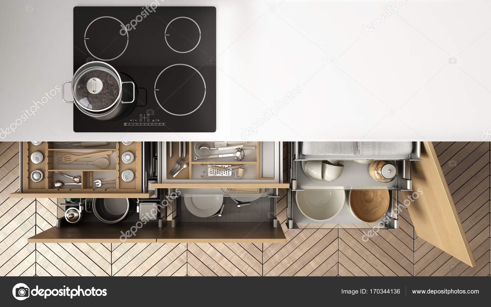 Modern kitchen top view, opened drawers and stove with cooking p Stock ...