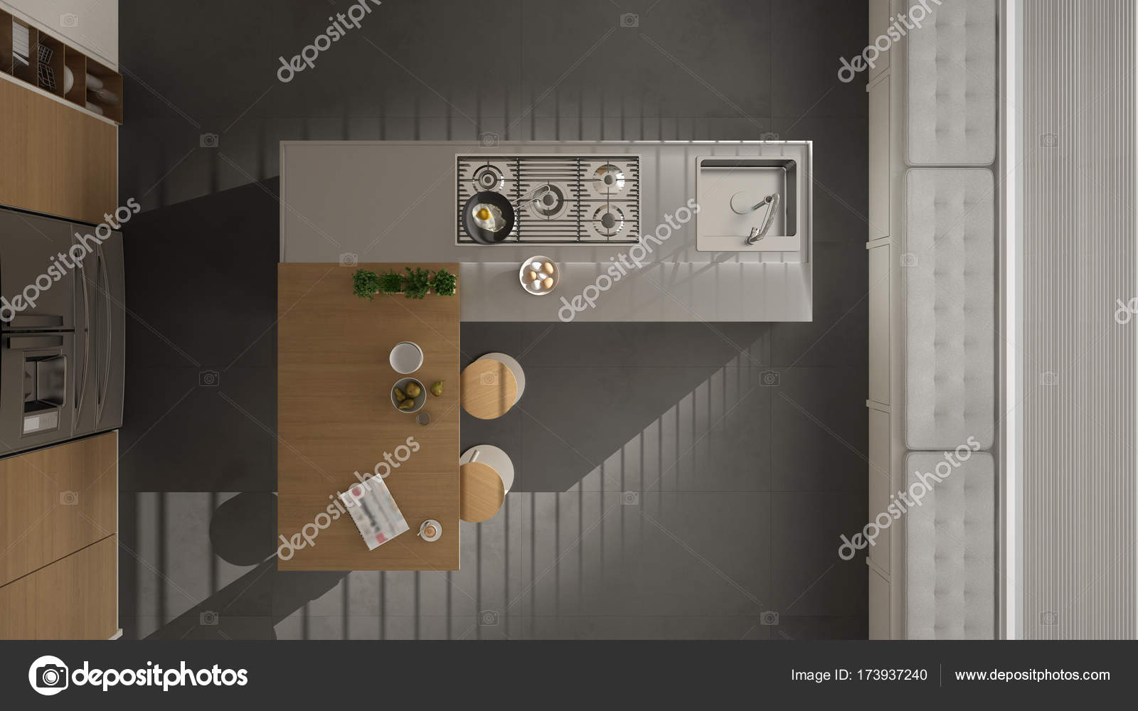 Modern kitchen with wooden details, top view on island and gas s Stock ...