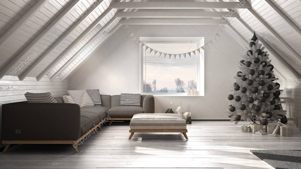 Loft living room with Christmas tree and presents, white and gra ...