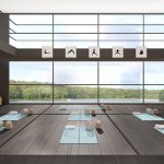 Empty yoga studio interior design, minimal open space with mats ...