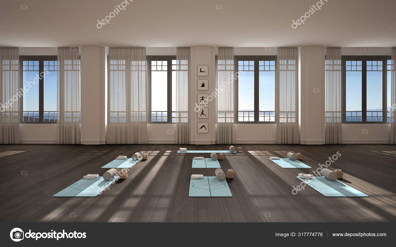 Empty yoga studio interior design, classic space, parquet floor, walls ...