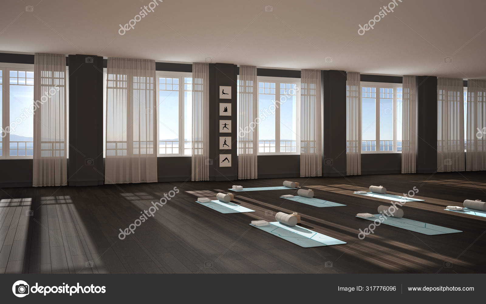 Empty yoga studio interior design, classic space, parquet floor, walls ...
