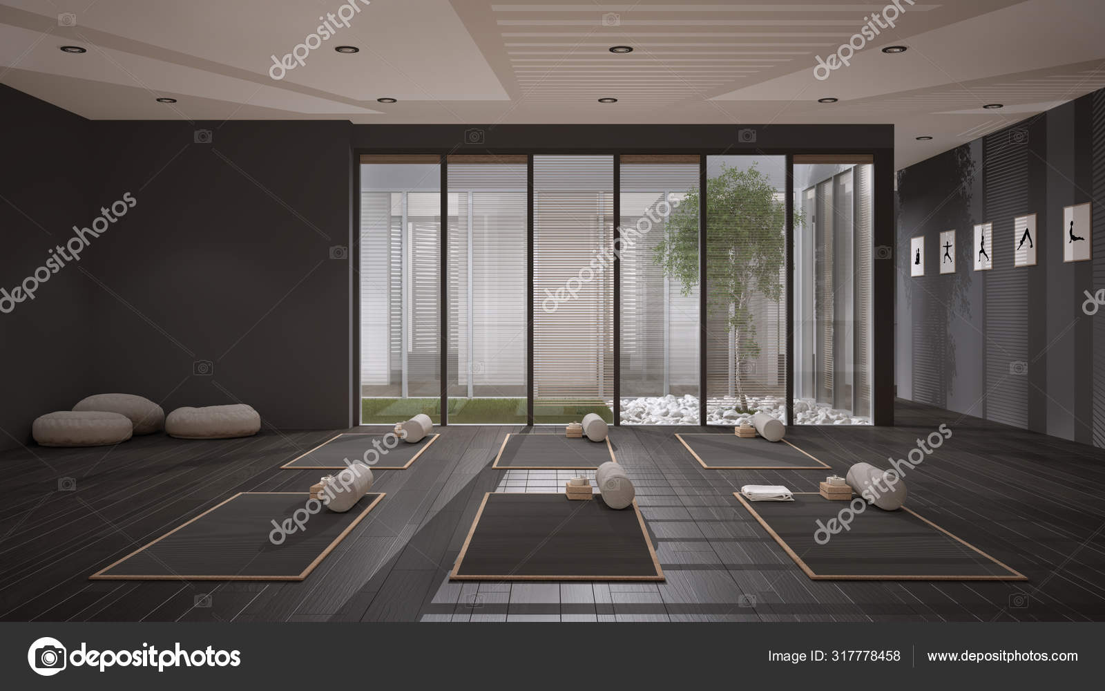 Empty yoga studio interior design, open space with mats, pillows and ...