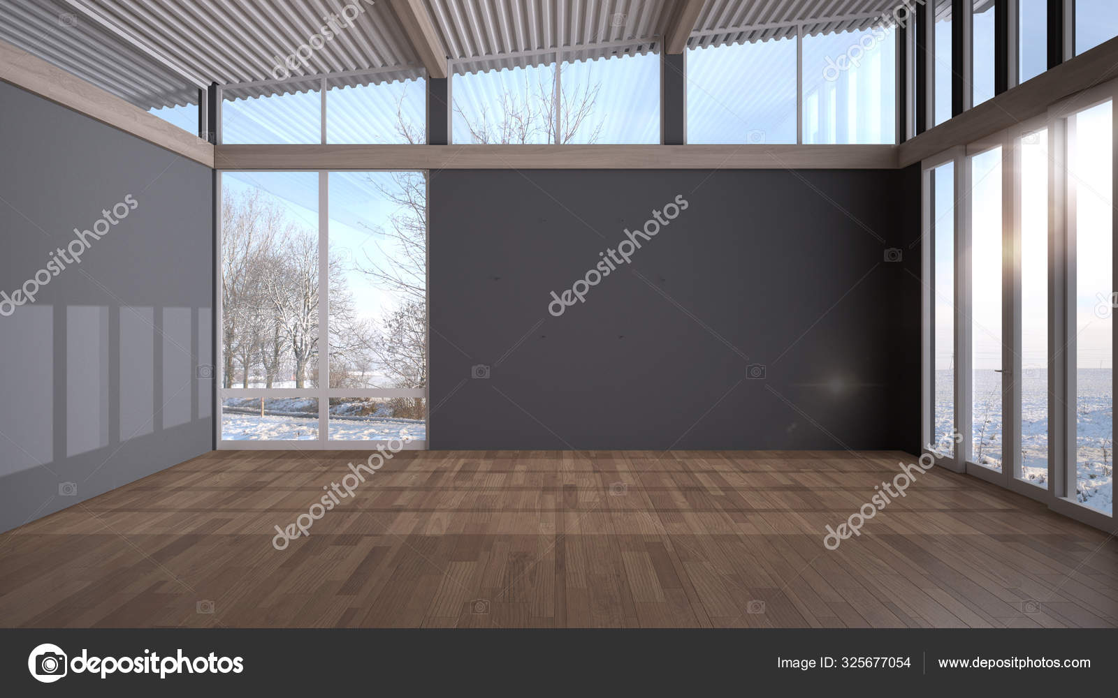 Empty room interior design, open space with big panoramic windows on ...