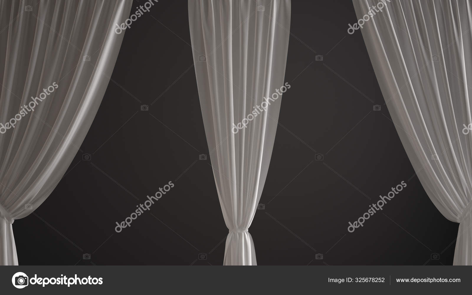 White openings curtains overlay dark background, front view, clipping ...