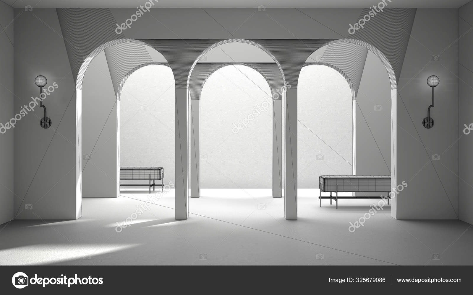 Unfinished project draft of classic eastern lobby, modern hall with ...