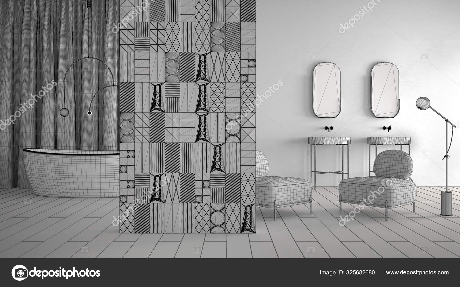 Unfinished project draft, modern minimalist abstract bathroom with ...