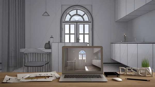 Architect Designer Desktop Concept Laptop Wooden Work Desk Screen ...