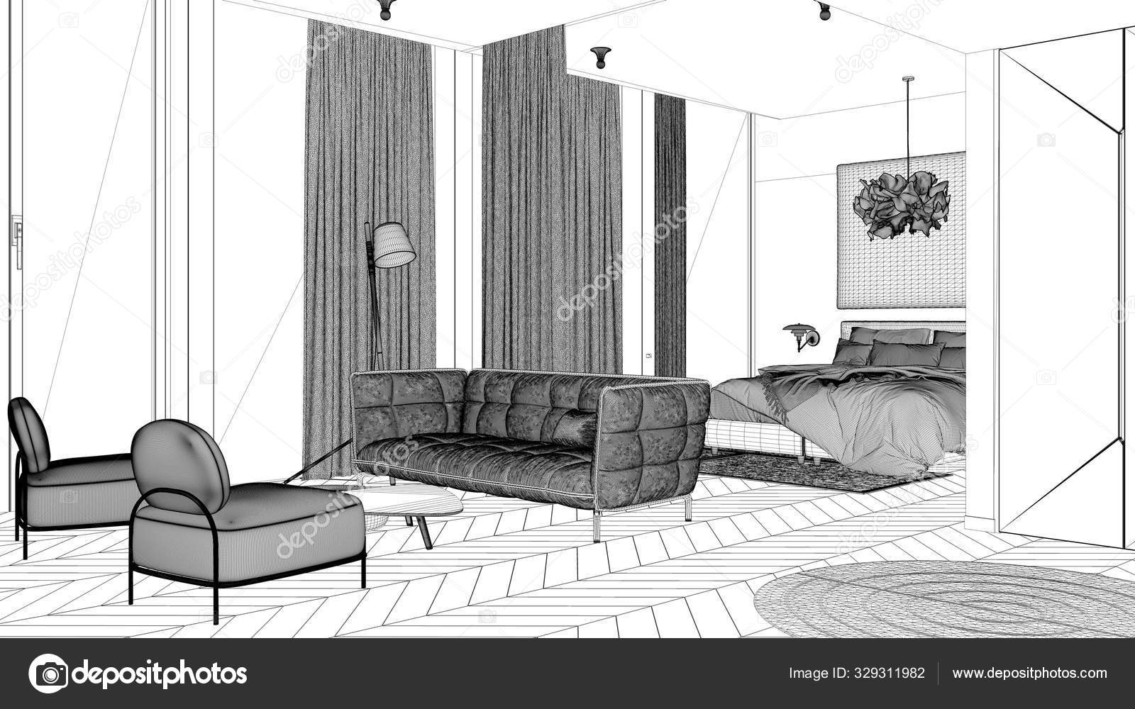 Blueprint project draft, one-room apartment, interior design, parquet ...
