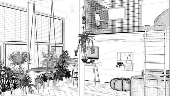 Blueprint project draft, minimalist living room, big square window with ...