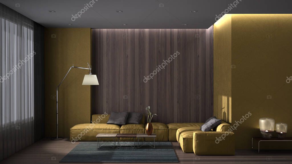 Lujosa sala de estar mínima con suelo de parquet, pared de hormigón y ...