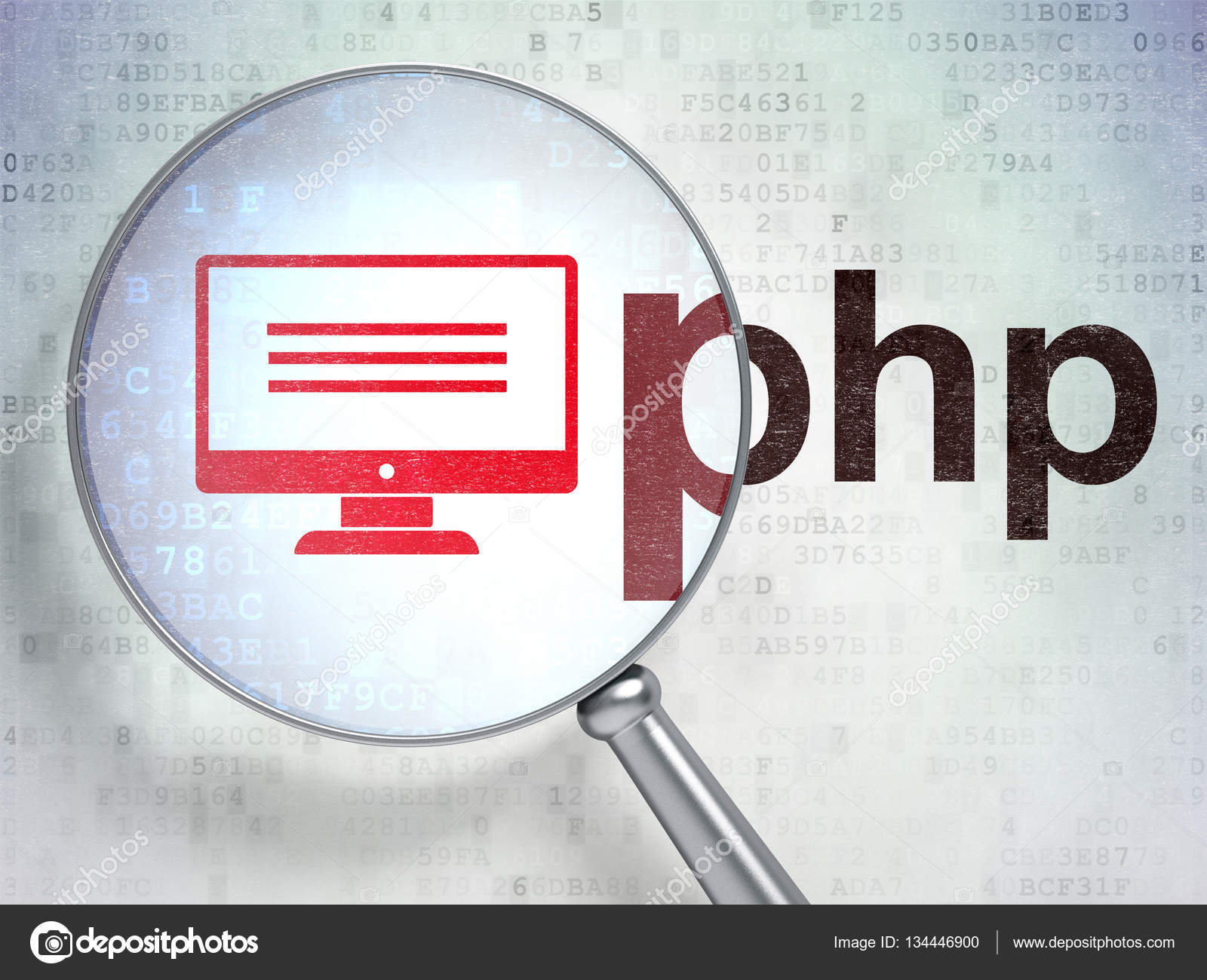 Database concept: Monitor and Php with optical glass — Stock Photo ...