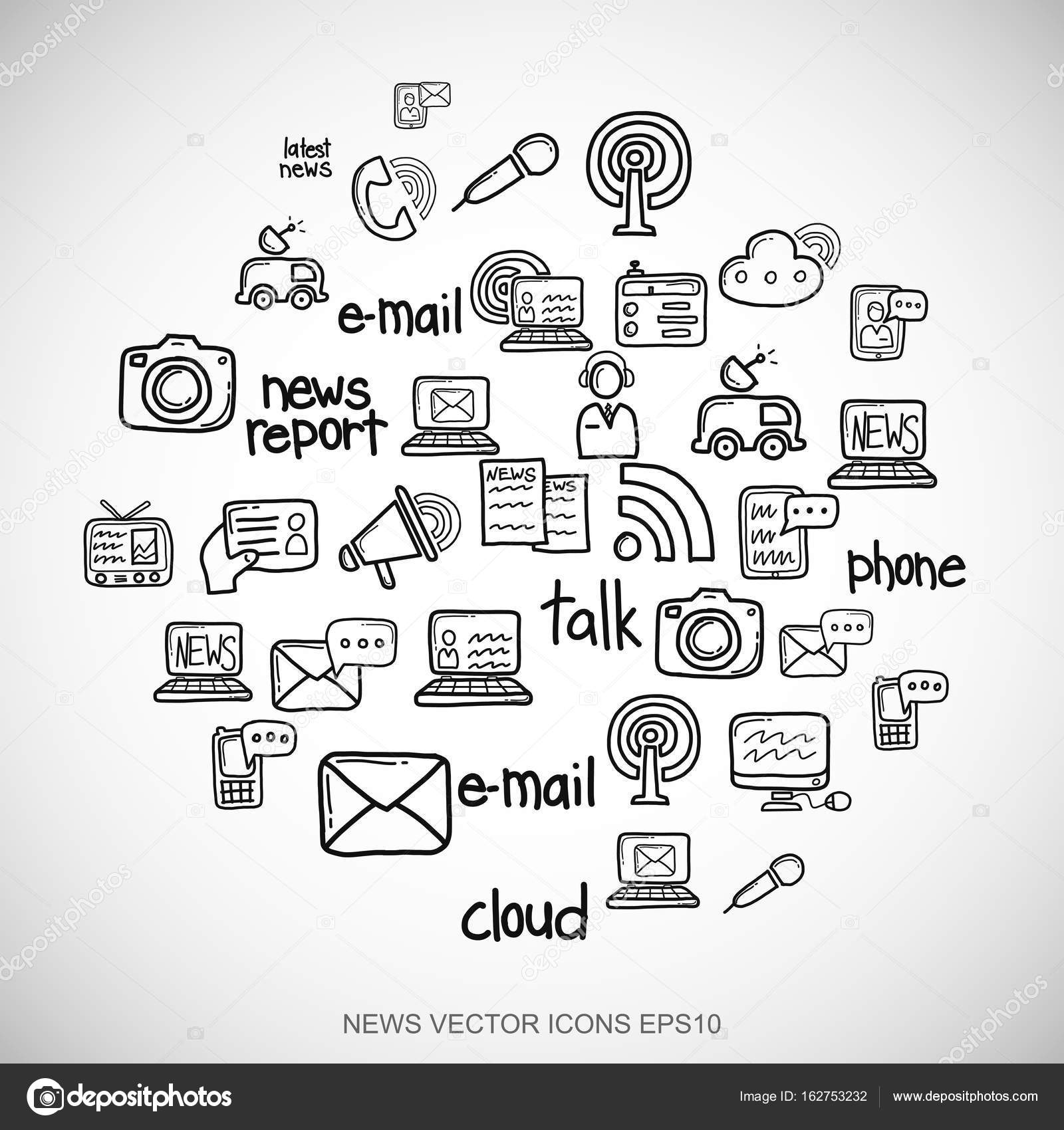Black doodles Hand Drawn News Icons set on White. EPS10 vector ...