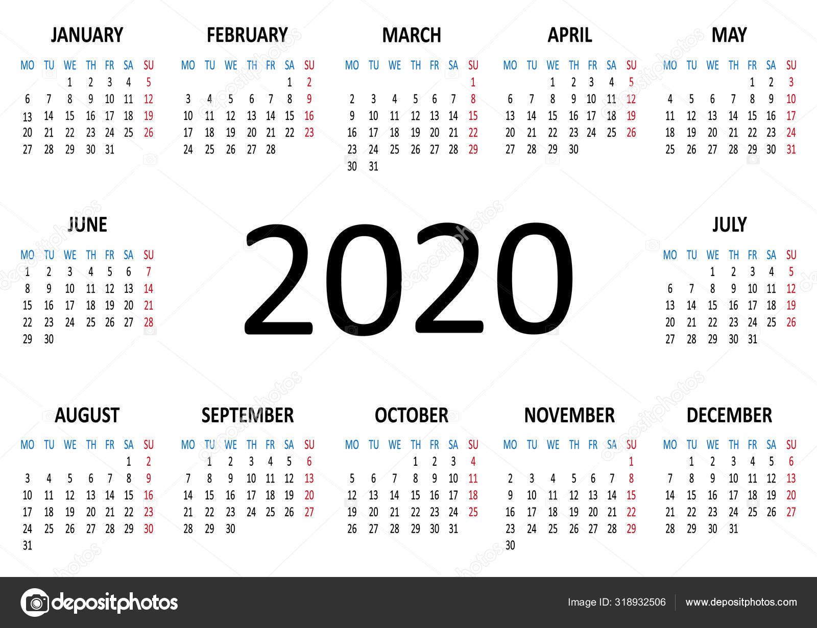 Yearly calendar 2020. Week starts from Monday. Vector — Stock Vector ...