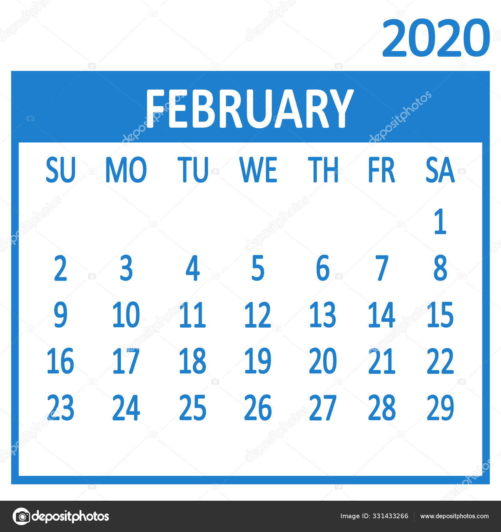 Febrero. Segunda página del set. Calendario 2020, plantilla. La semana ...