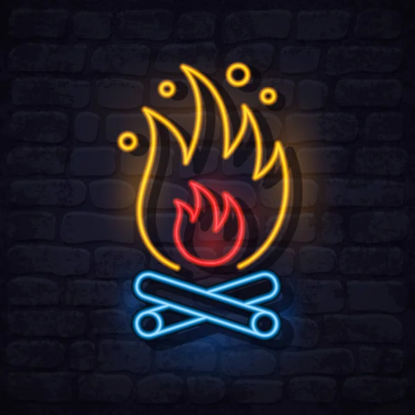 Bright fire neon icon on dark grunge brick background. Vector ...