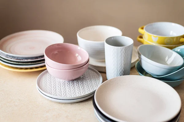 Set Clean Pastel Ceramic Crockery Wooden Background Color Bowls Dishes ...