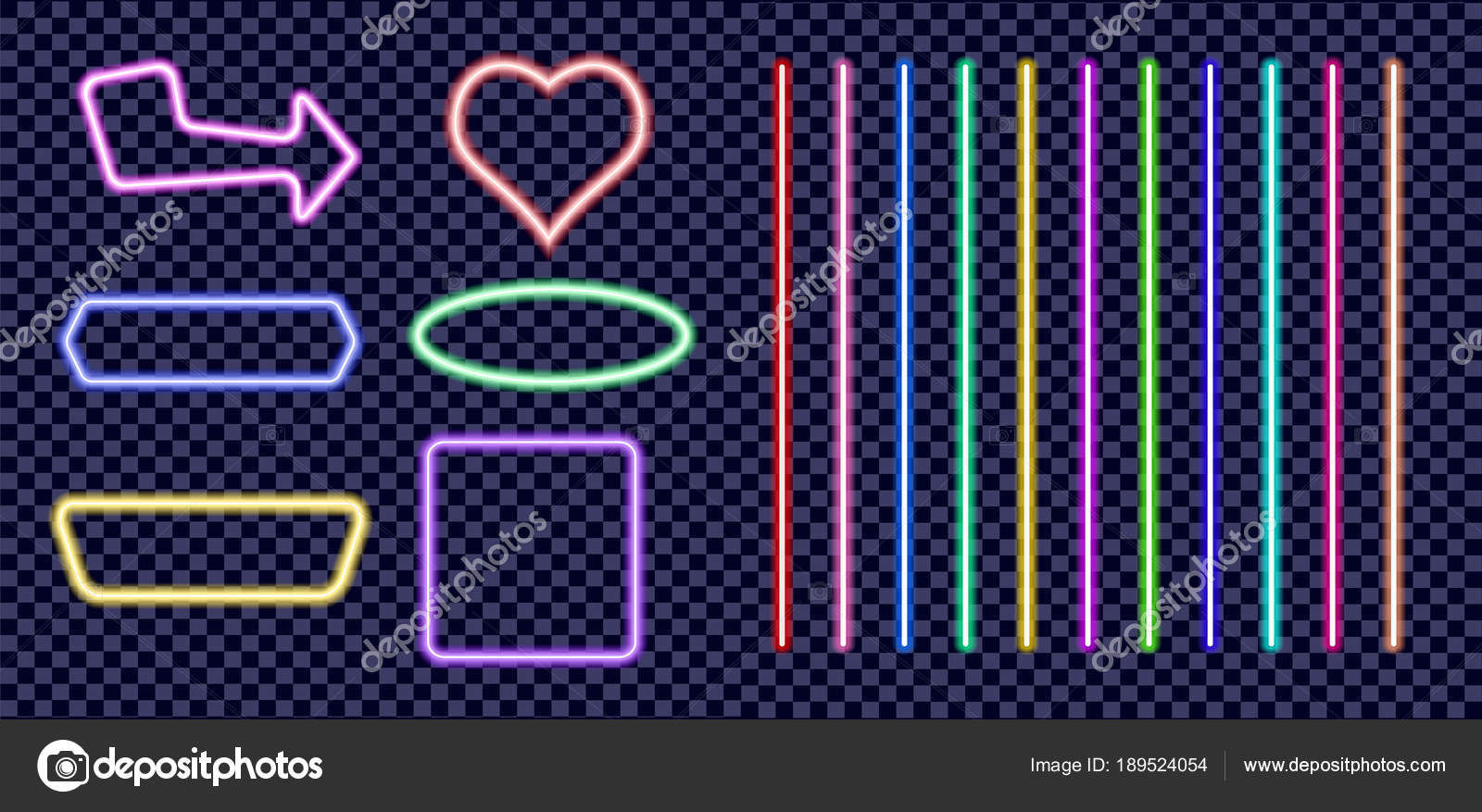 Set of neon colored frames. Vintage electric signboard with bright neon ...