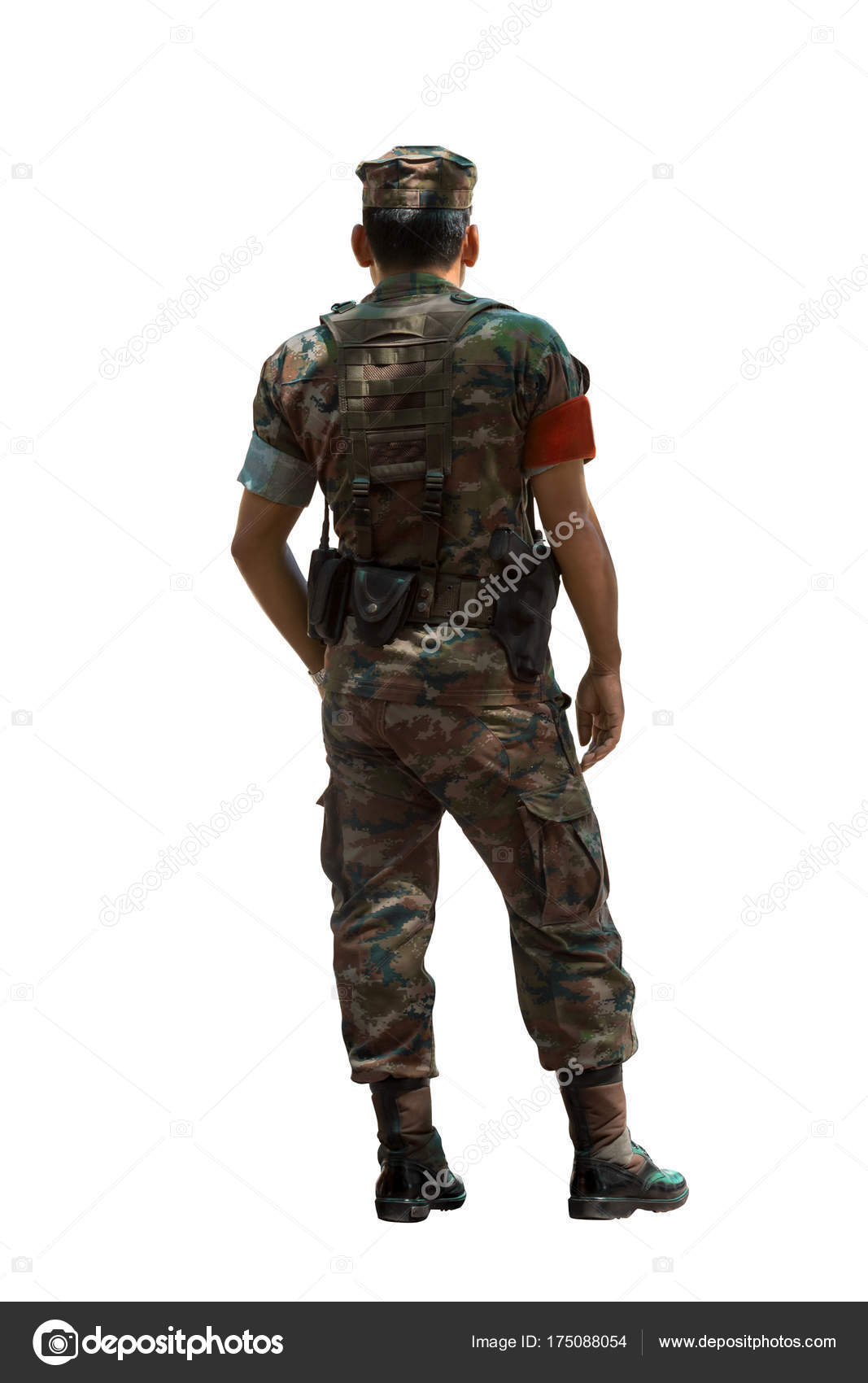 Soldado de seguridad de pie con uniforme de batalla aislado ba blanca ...